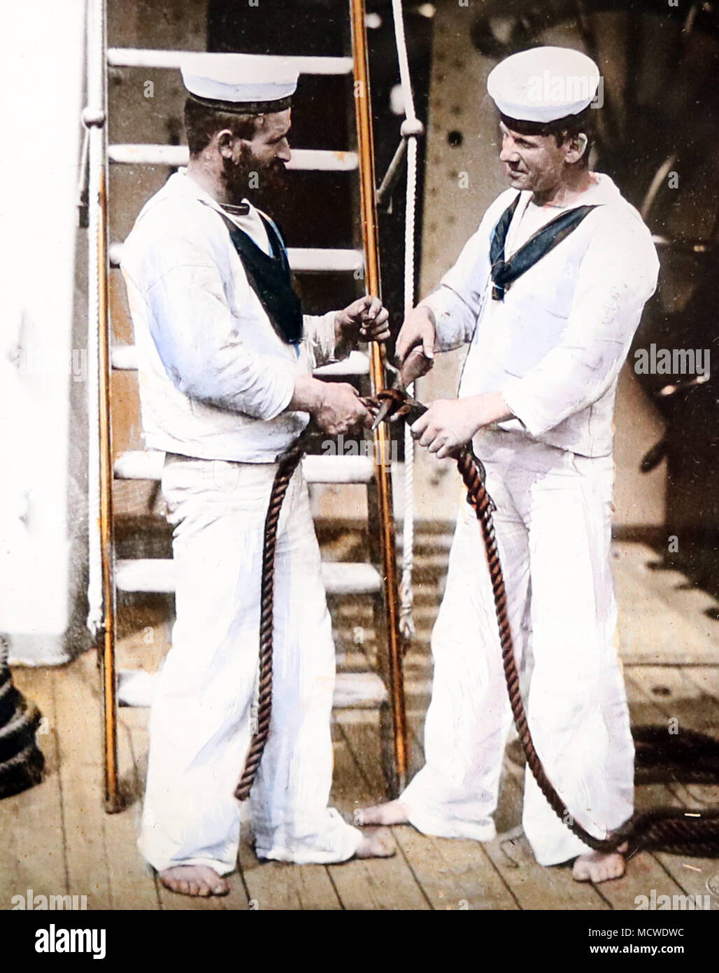 HMS Tartar, splicing rope, Royal Navy, probably circa 1900 (hand ...