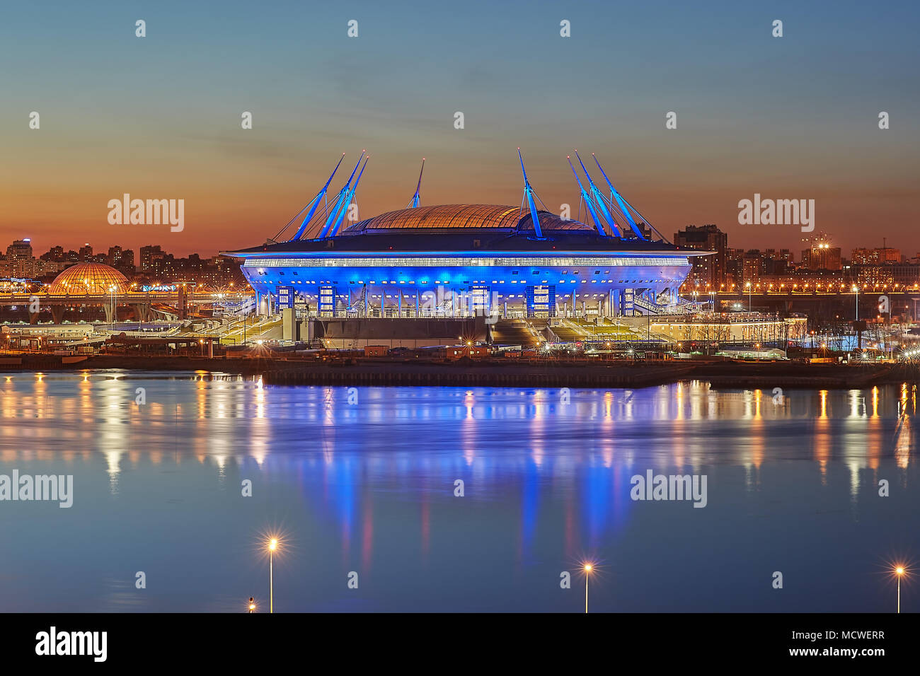 St. Petersburg, Russia - April 13, 2018: Evening illumination of Zenit ...