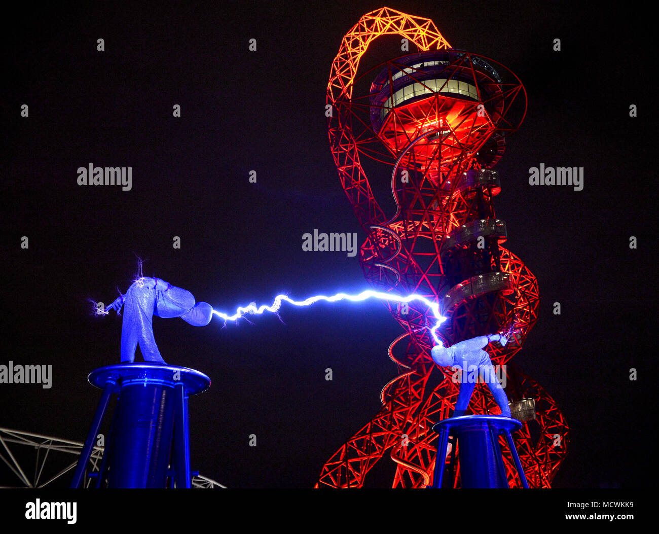 EDITORIAL USE ONLY Lords of Lightning perform on the ArcelorMittal ...