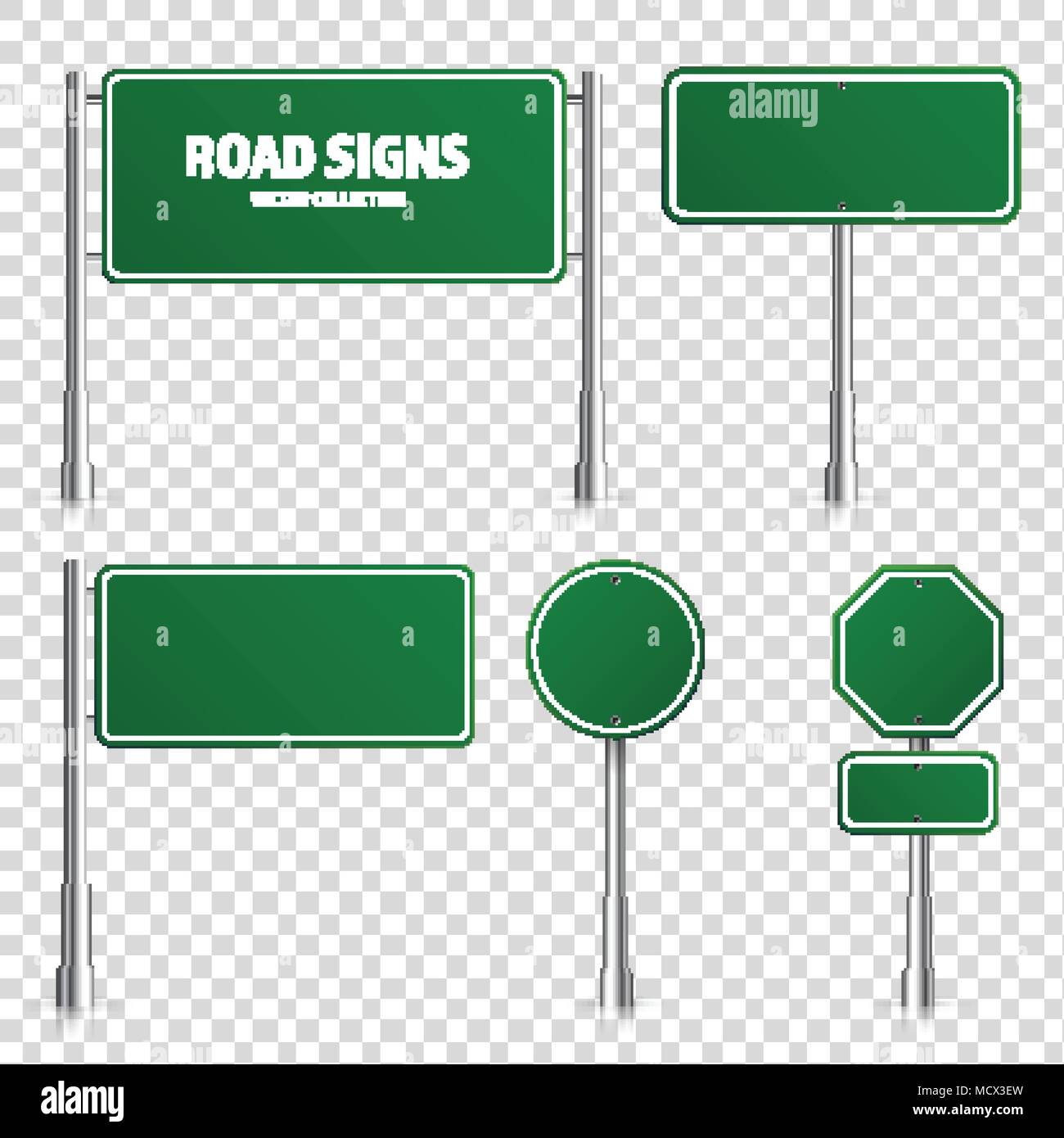 Road green traffic sign. Blank board with place for text.Mockup. Isolated on white information ...