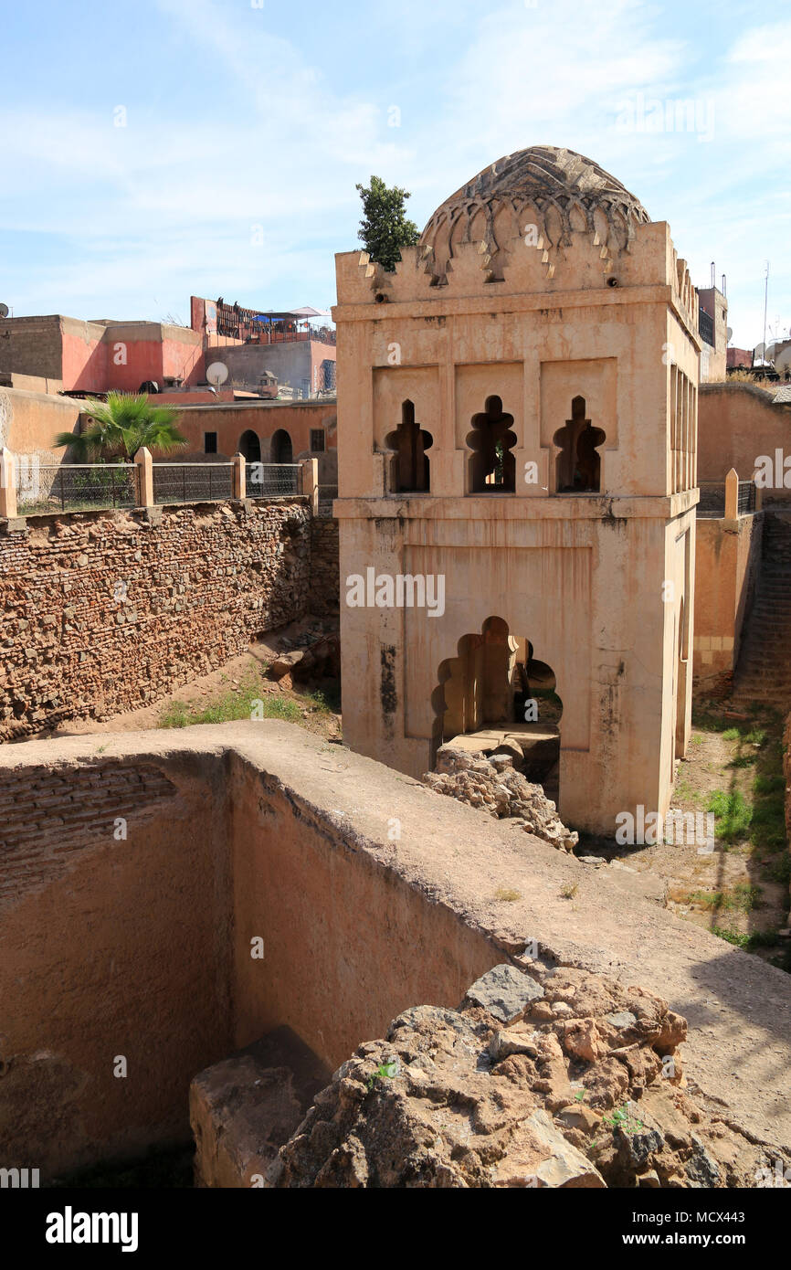 Exterior view of an ornate tower at a courtyard outside the Ben Youssef ...