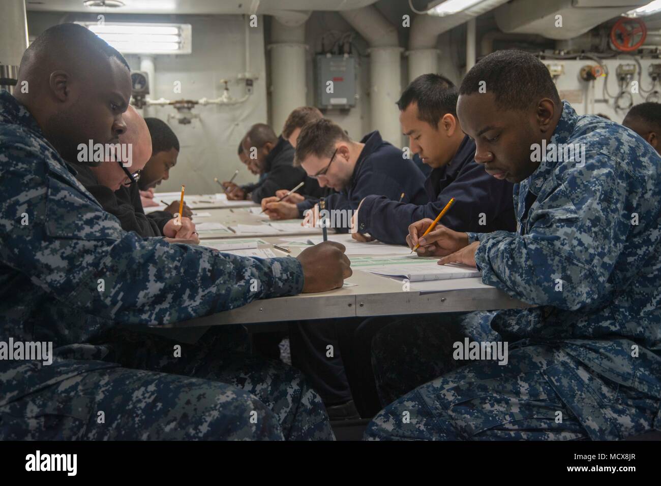 180301-N-SM112-019 ELIZABETH RIVER (Mar. 1, 2018) Sailors take the E-6 ...