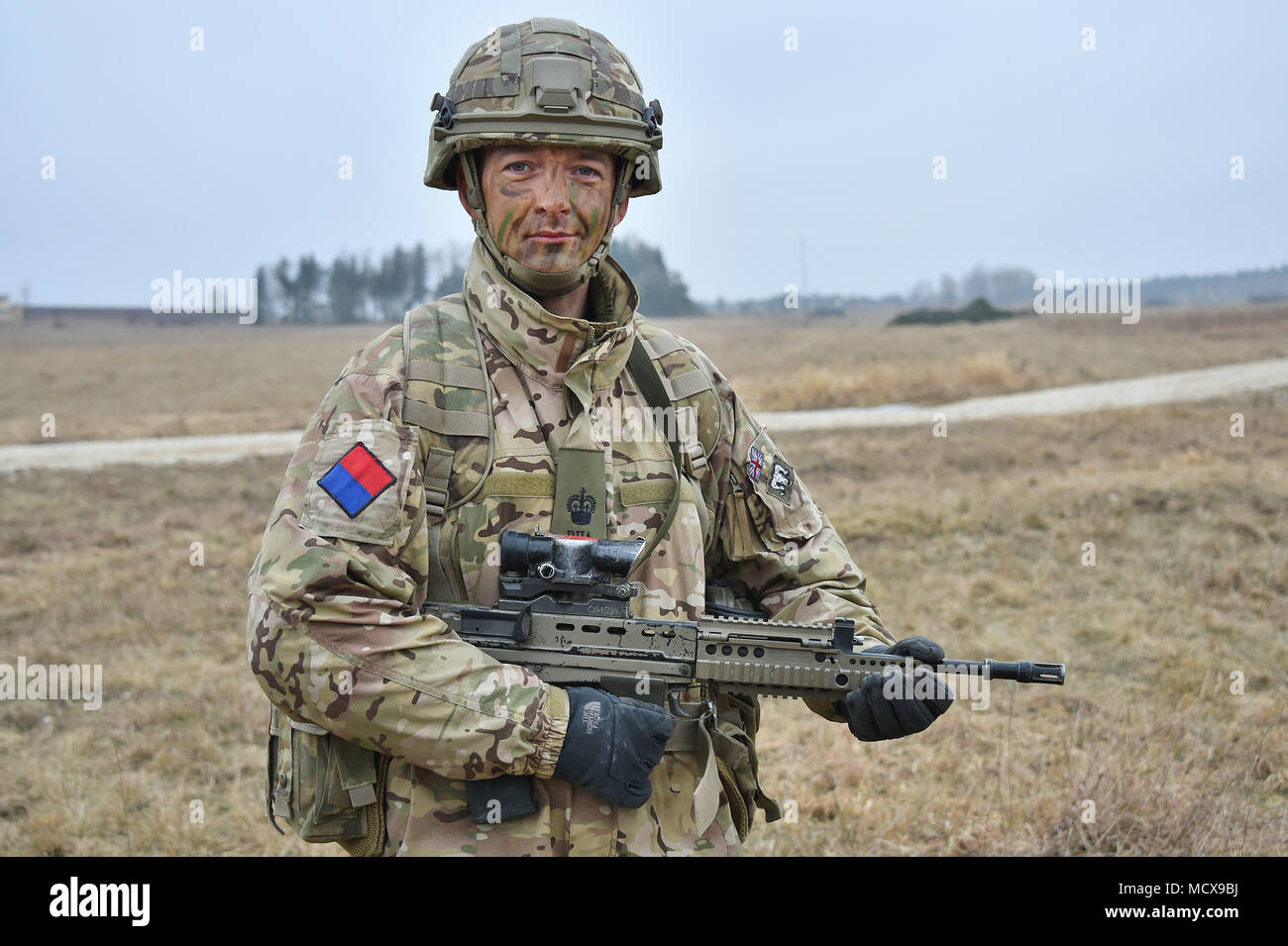 A British soldier poses for a photo during Exercise Dynamic Front 18 at ...