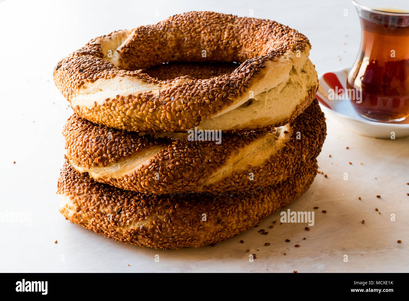 Turkish Bagel Simit with Traditional Tea. Bakery Concept Stock Photo ...