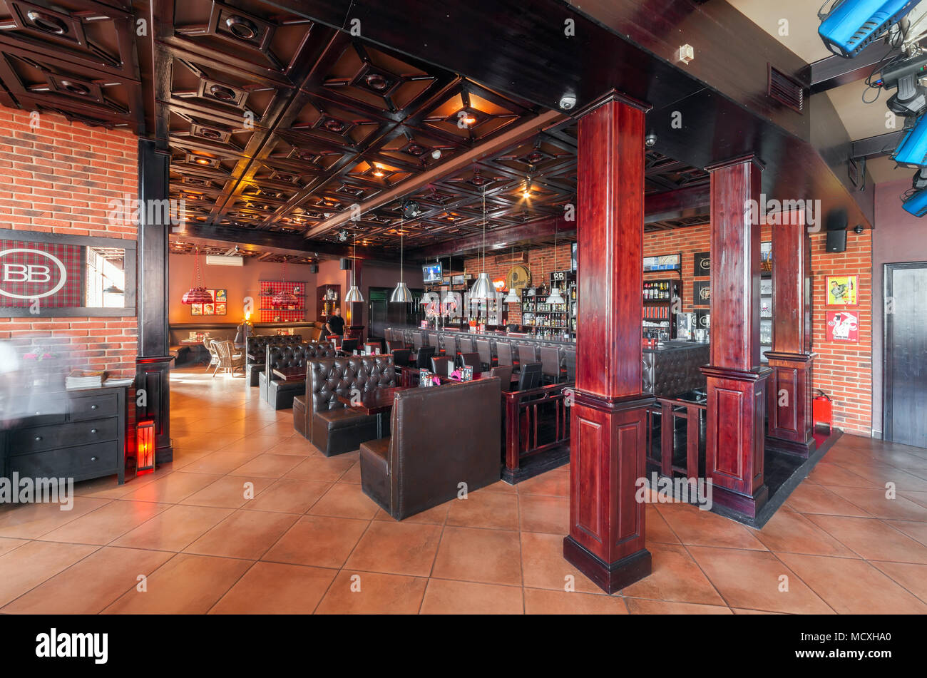 MOSCOW - AUGUST 2014: Interior of a luxury disco bar restaurant with a ...