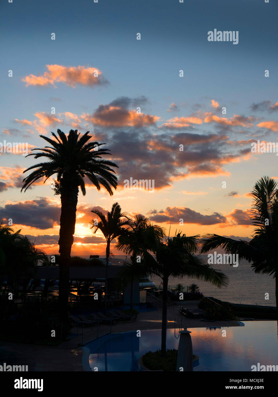 Spectacular sunrise over the harbour in Funchal Madeira Portugal. On a ...