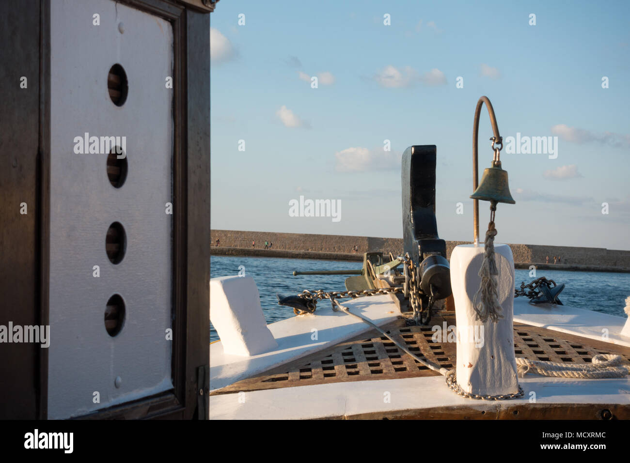 Boat deck and seascape against sky in Chania, Crete, Greece Stock Photo ...
