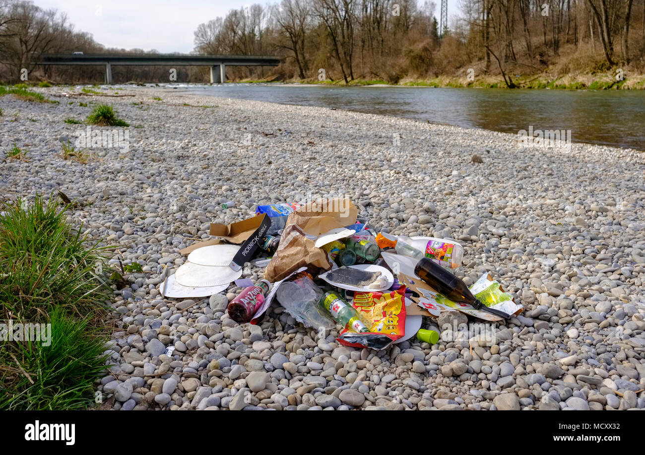 Lost garbage on gravel bank, Isar near Ismaning, Upper Bavaria, Bavaria ...