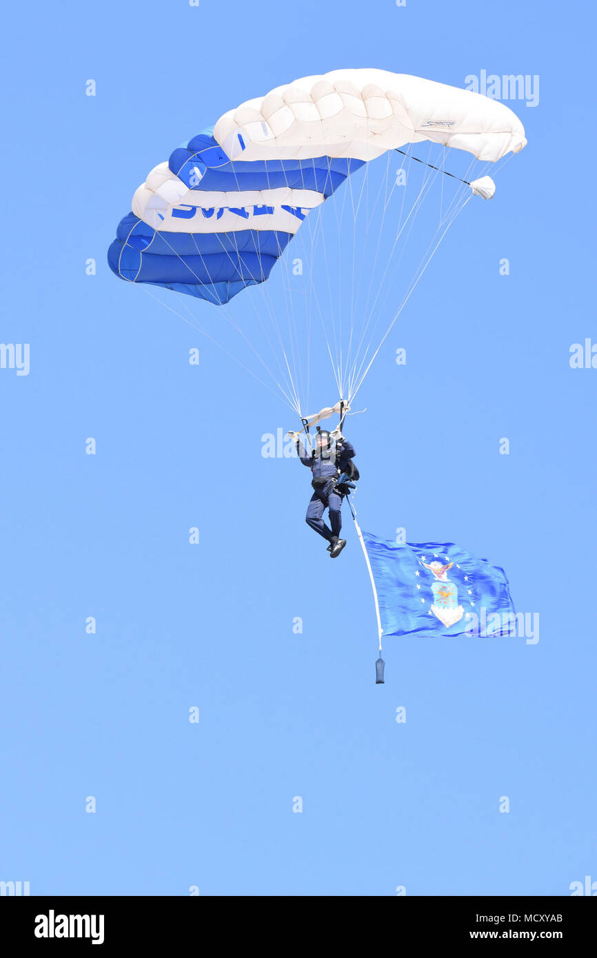 The U.S. Air Force Academy “Wings of Blue” parachute team demonstrate ...