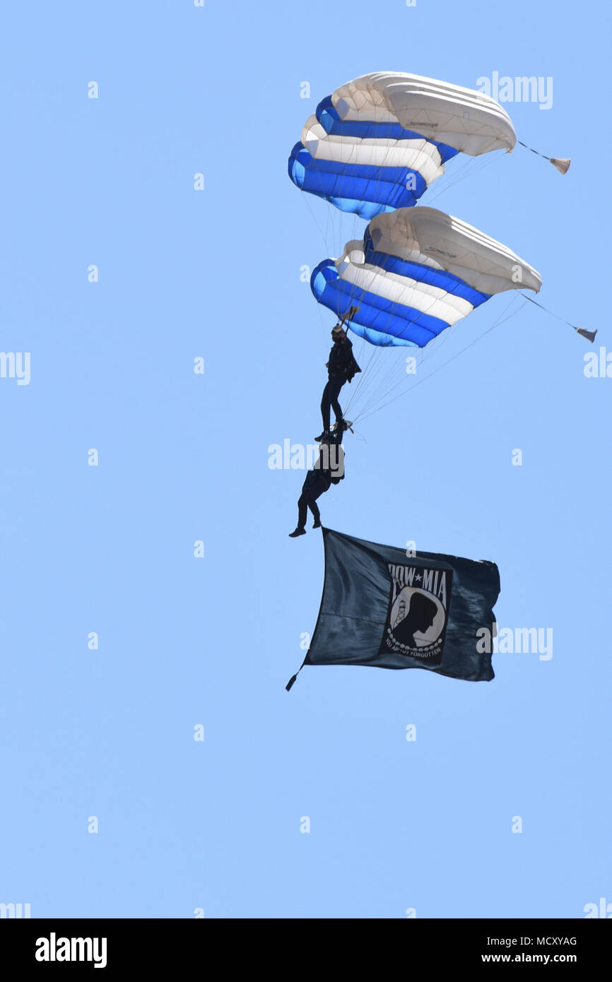 The U.S. Air Force Academy “Wings of Blue” parachute team demonstrate ...