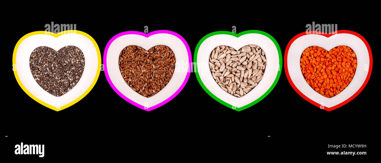 Grains and seeds collection (chia, flax, lentils, sunflower) in ...