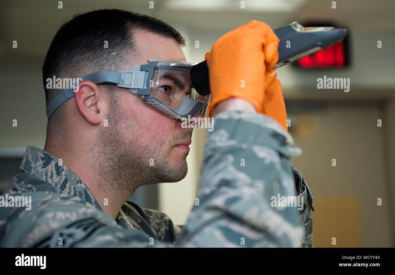 U.S. Air Force Staff Sgt. Kyle Clement, a fuels lab technician assigned ...
