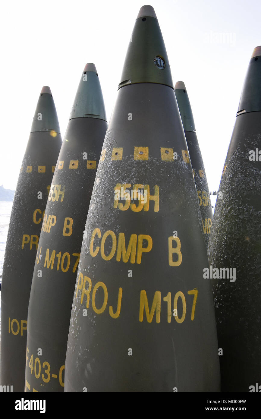 Howitzer rounds sit waiting for firing in the Yukon Training Area ...