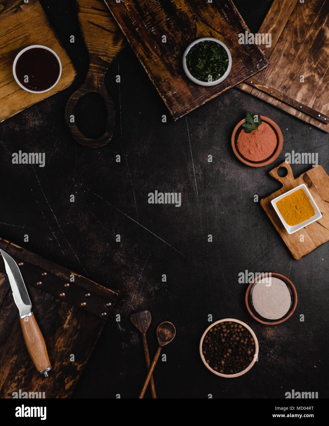 Meat and ingredients for cooking top view on stone table hi-res stock ...