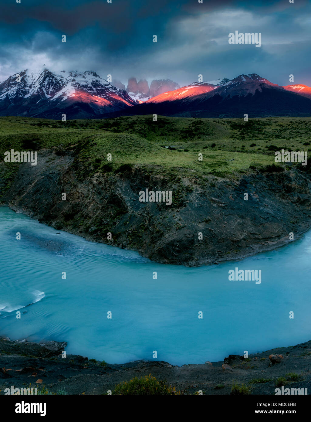 Rio Paine River with sunrise on the Towers. Torres del Paine National ...