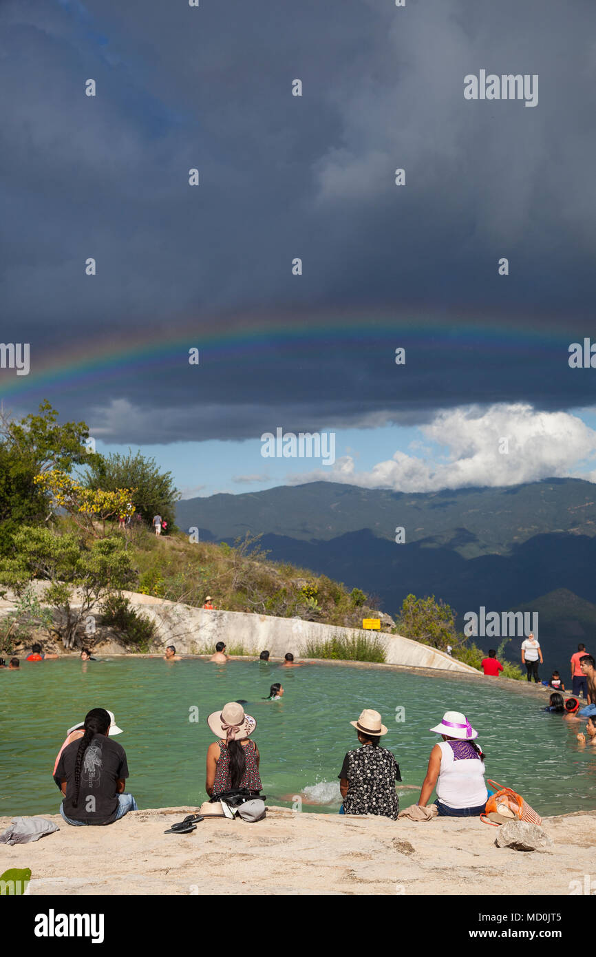 Visitors at the pools at Hierve el Agua with a double rainbow in the ...