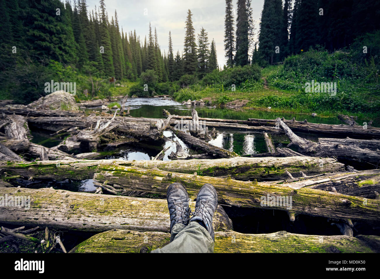 Legs of man in tracking shoes and view of woods and mountain lake ...