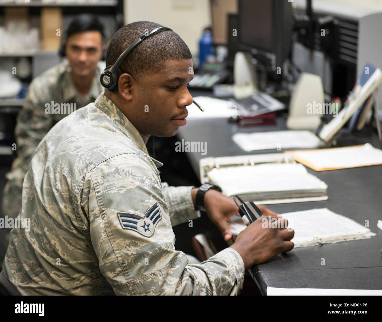 U.S. Air Force Senior Airman Joshua Thomas works as a base defense ...