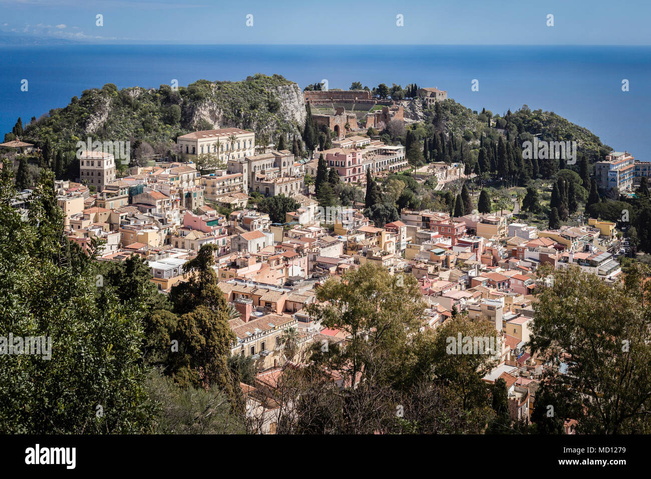 Town of Taormina with Ionian Sea in the background, Sicily Stock Photo ...
