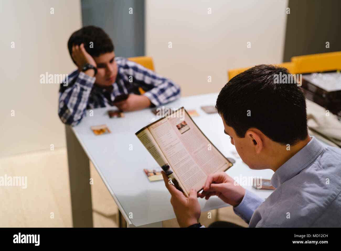 Brothers at the table playing board games. The older is reading the ...