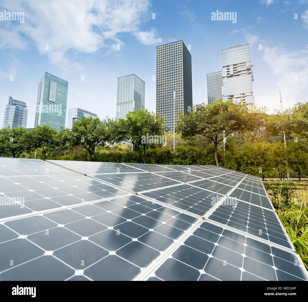 Solar Panels In The Park Of Modern City Stock Photo - Alamy