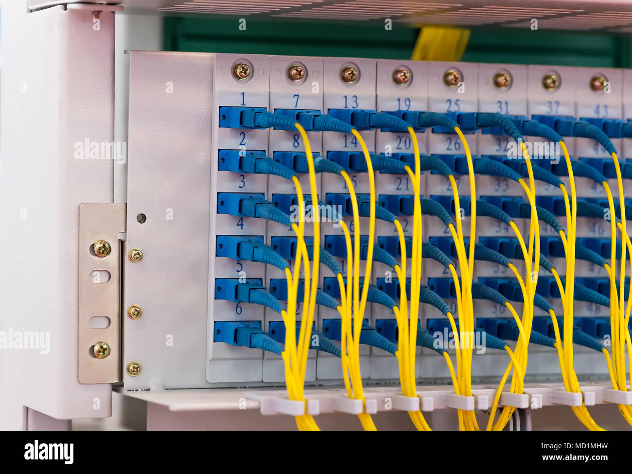 fiber optical cables connected to an optic ports Stock Photo - Alamy