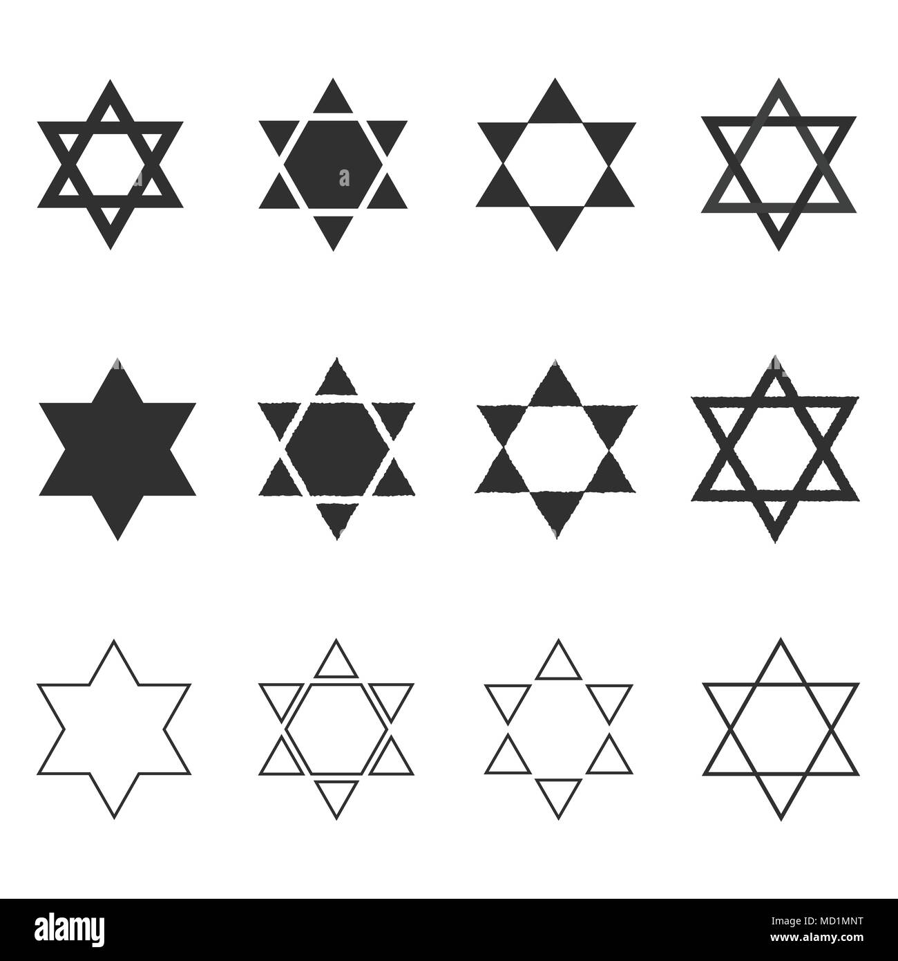 Star of david shape icon set in black flat and outline design. Israel ...