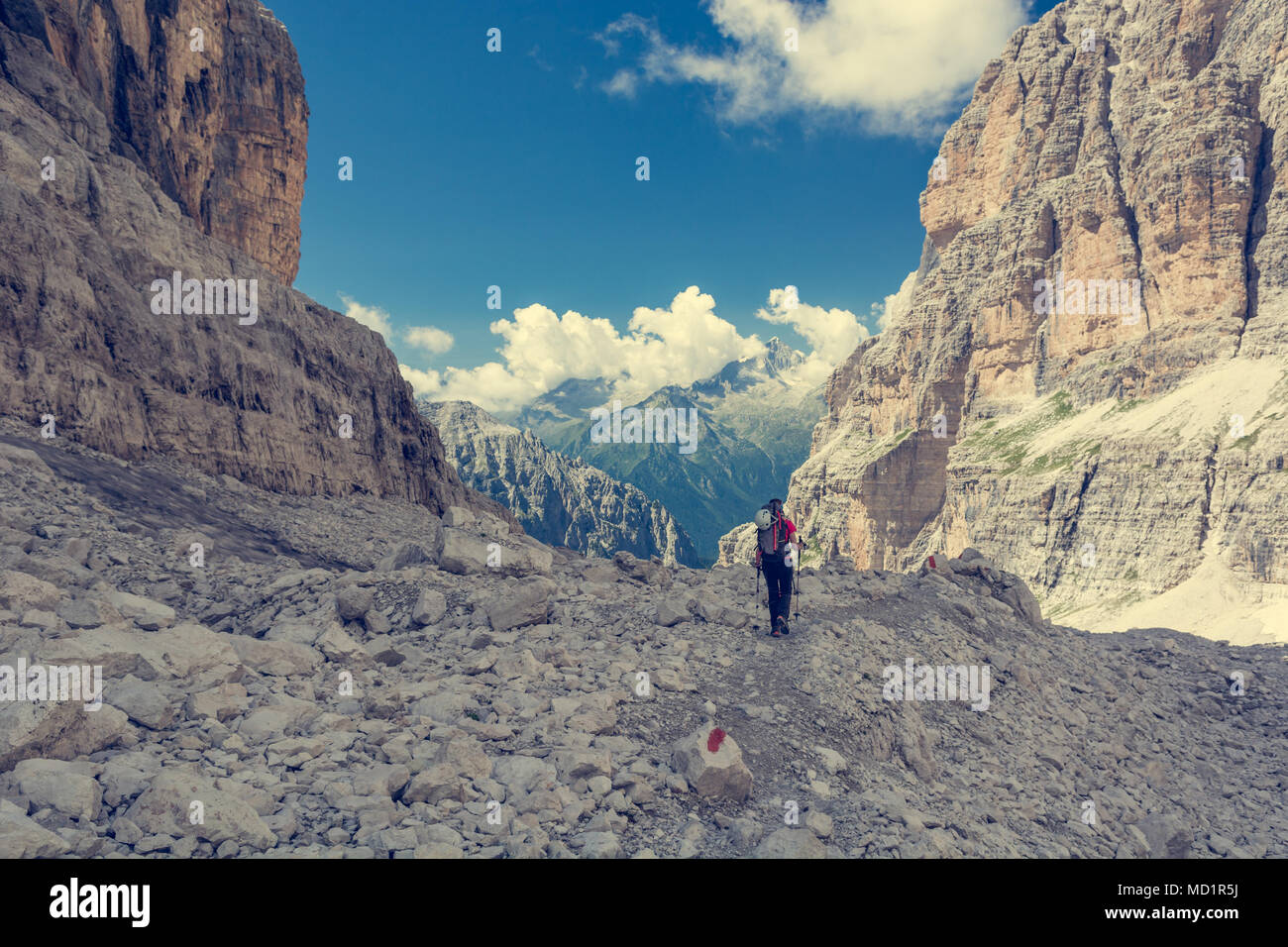 Female trekker walking along mountain valley Stock Photo - Alamy