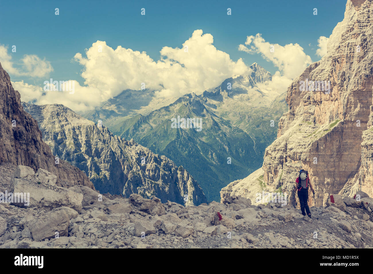 Female trekker walking along mountain valley Stock Photo - Alamy