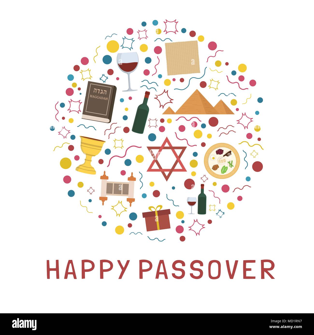 Passover holiday flat design icons set in round shape with text in ...