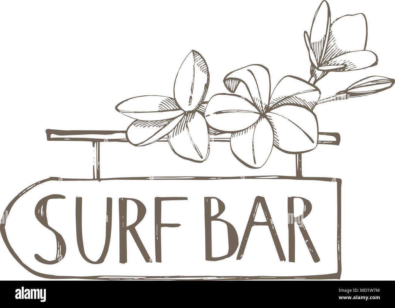 Surf bar. Composition this Signboard and Tropical palm leaves, vector ...