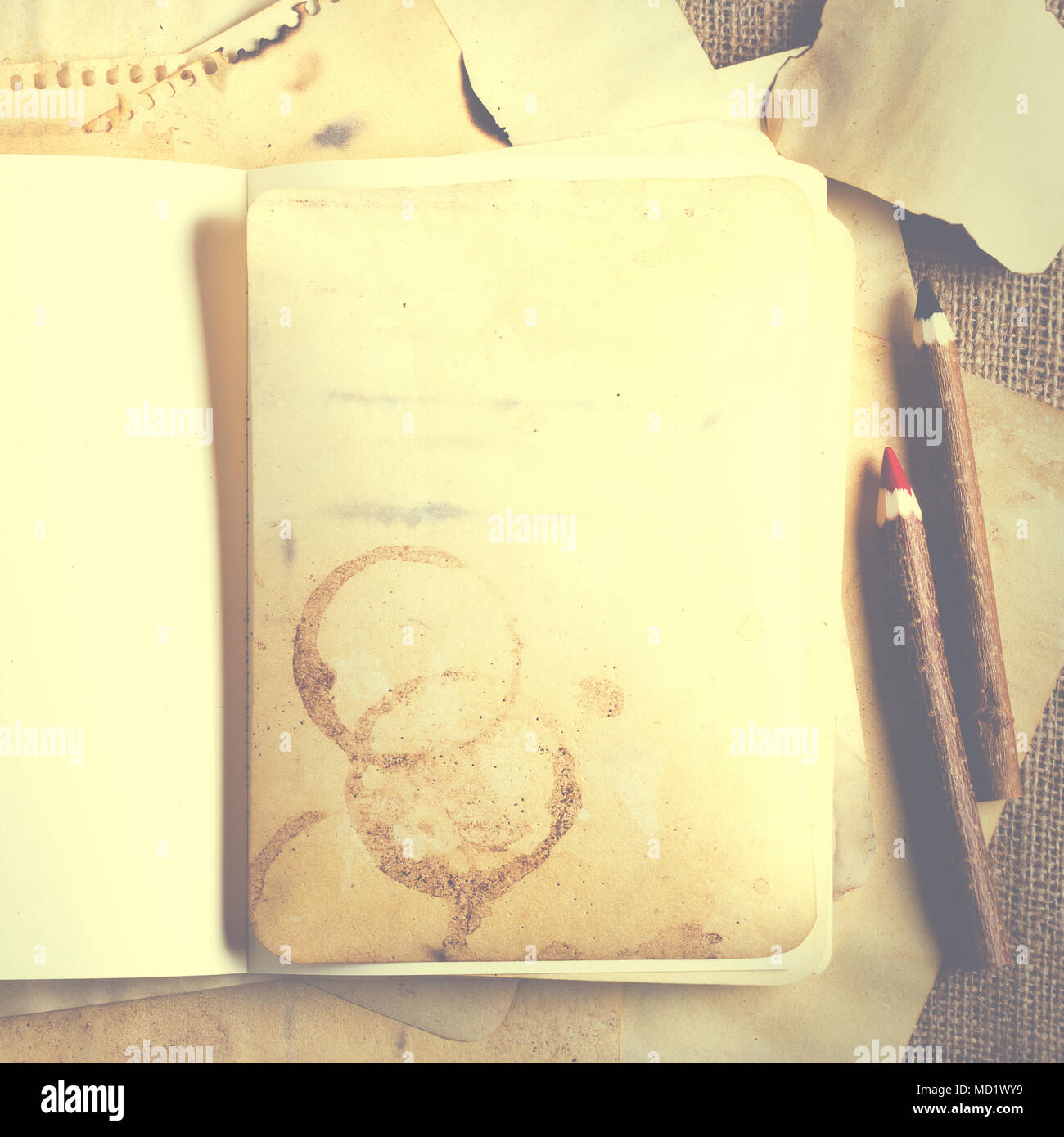 Vintage old papers, notes, pensil, on burlap, sackcloth background ...