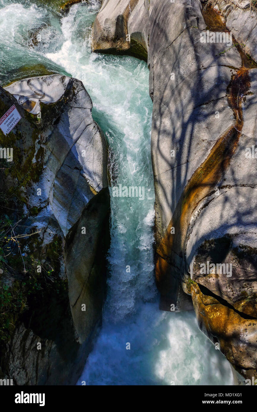 Water cascade in granite gorge, Auzat, French Pyrenees, France Stock ...