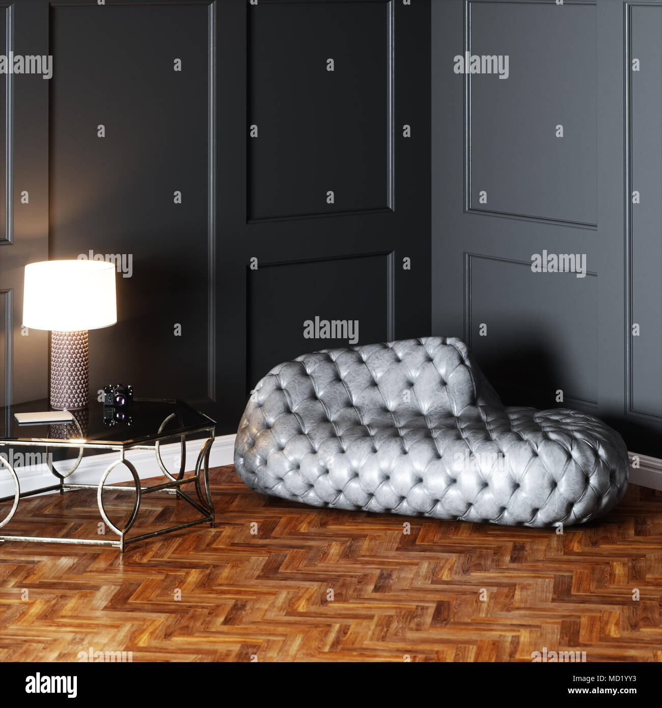 Leather design sofa in classic interior 3D render Stock Photo - Alamy