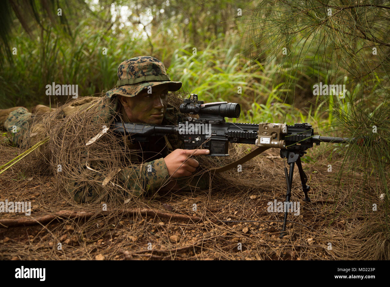 U.S. Marine Pfc. Brian Casad sets up a security position using cover ...