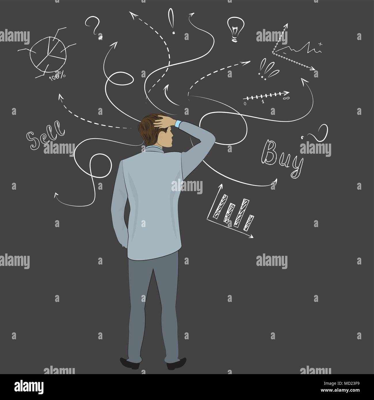 Businessman Back view standing against doodle business sketch, stock ...