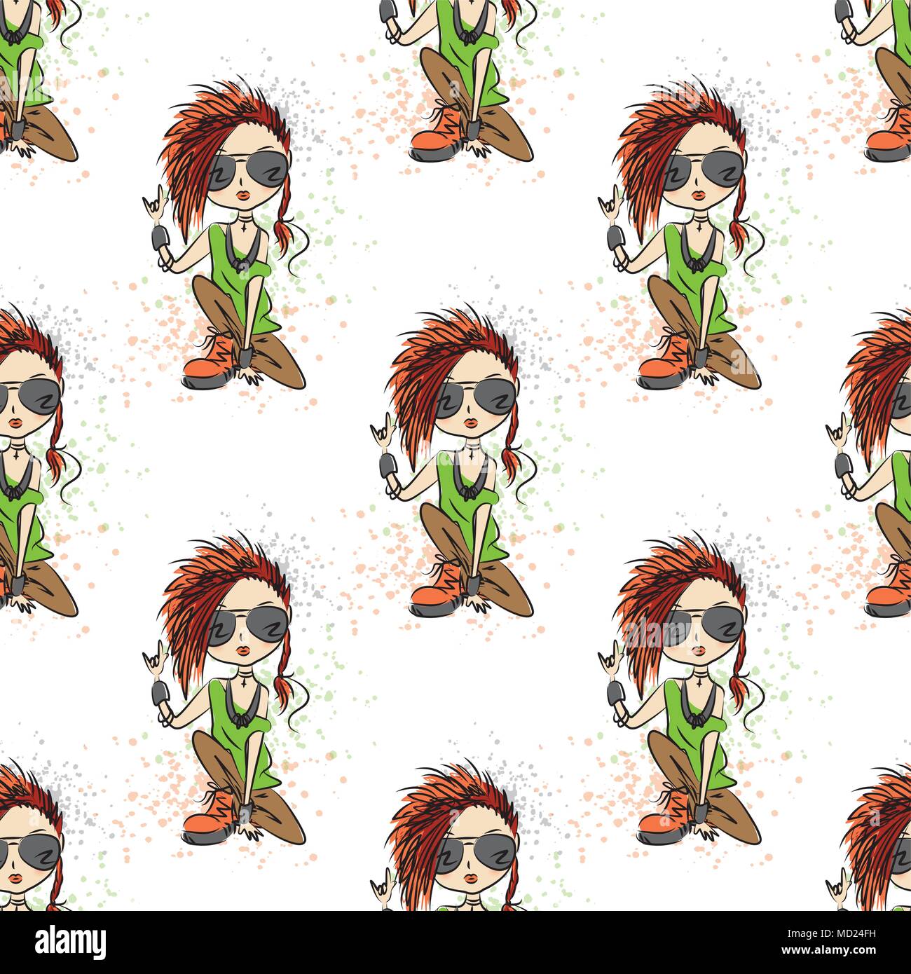 Cute rock girl seamless pattern ,on white background, vector ...