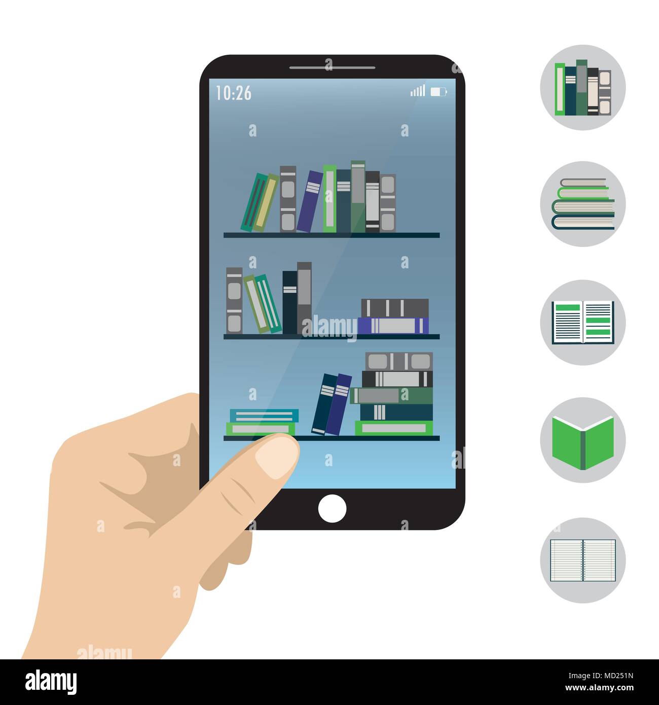 Vector illustration of a hand holding smart phone- e-book reader ...