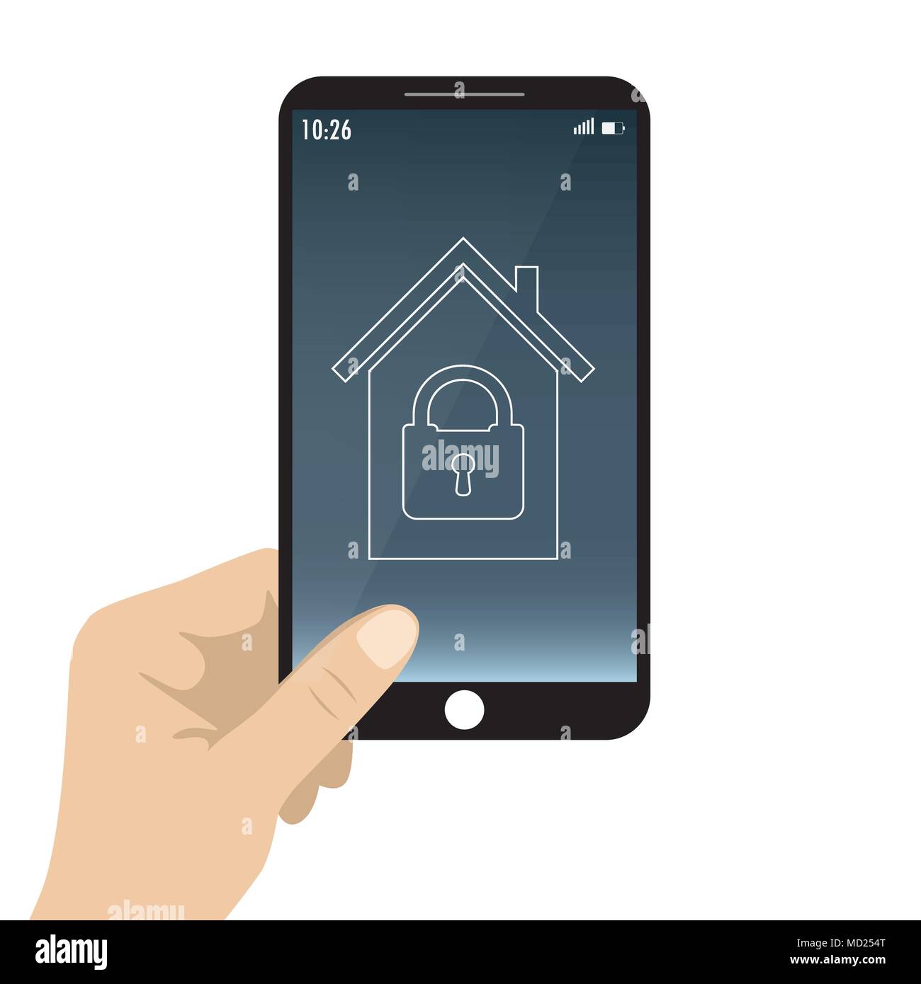 Smartphone in hand. smart house or security at home,isolated on white ...