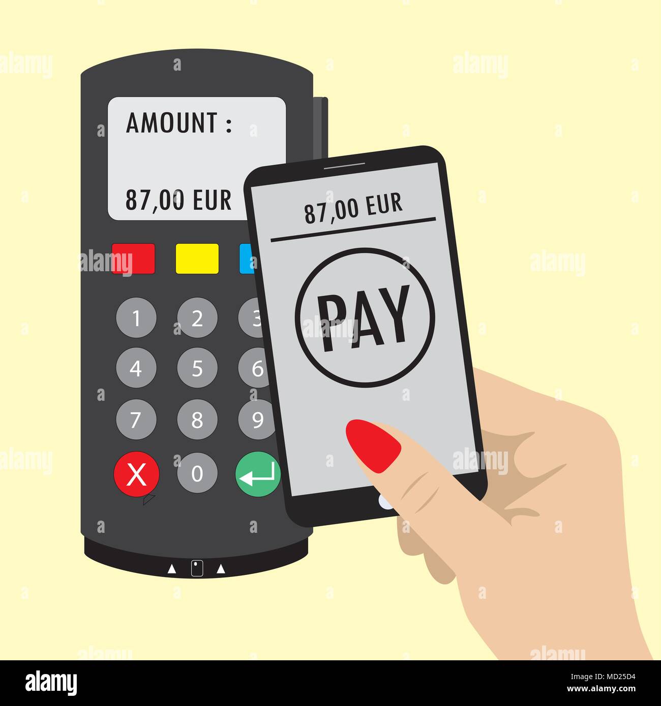 Pos terminal and Hand holding smartphone.nfc payments concept. Vector ...