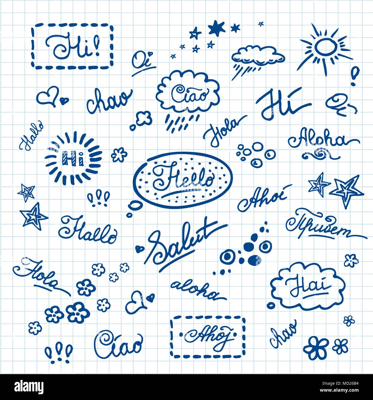 Set - lettering Hello on different languages,hand drawn on notebook ...