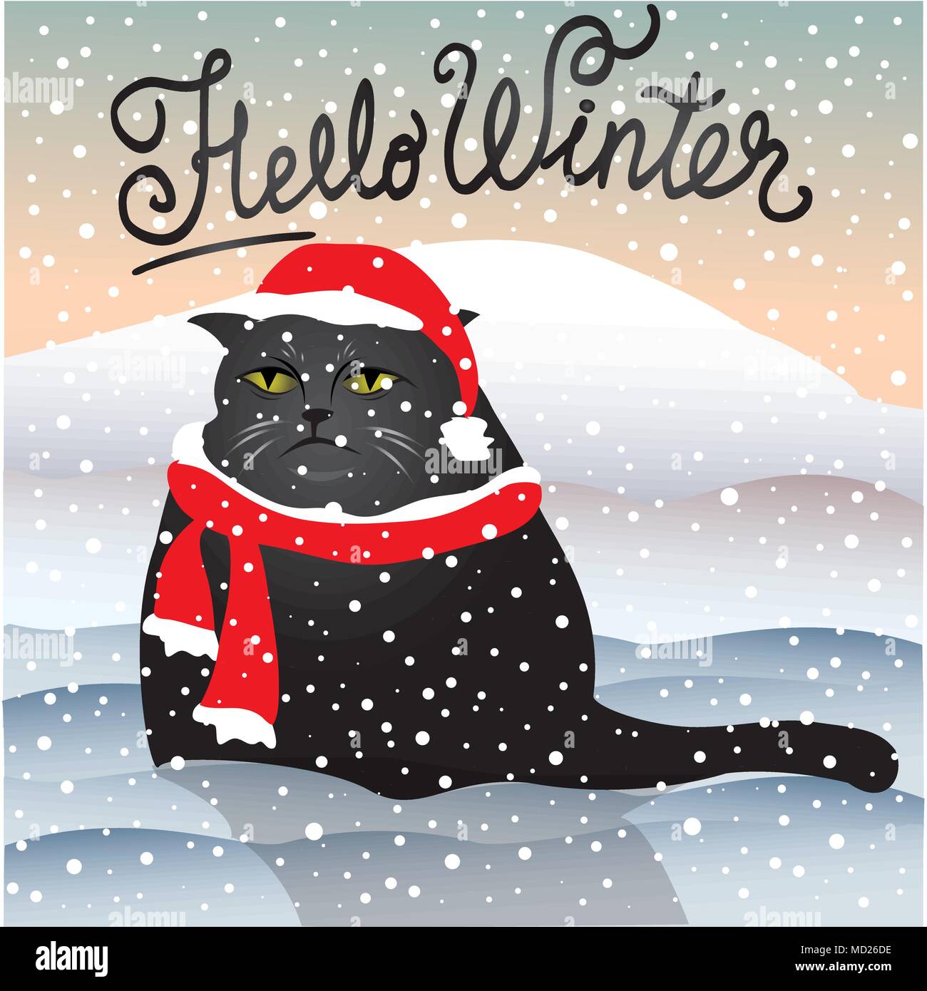 sad cat sitting in the snow, hello winter, stock vector illustration ...