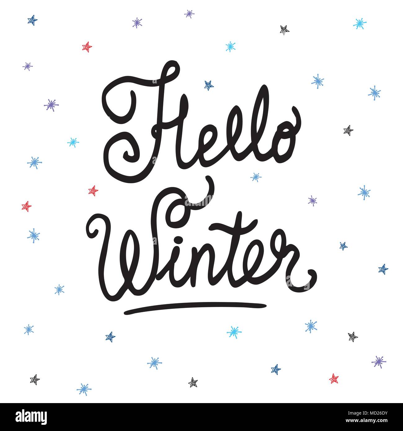 Hello Winter Text Brush Lettering Winter Background With Snowflakes And Stars Stock Vector 
