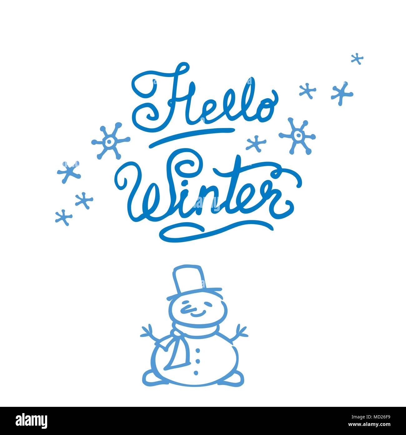 Hello Winter. Happy Snowman.Hand drawn lettering. Stock vector ...