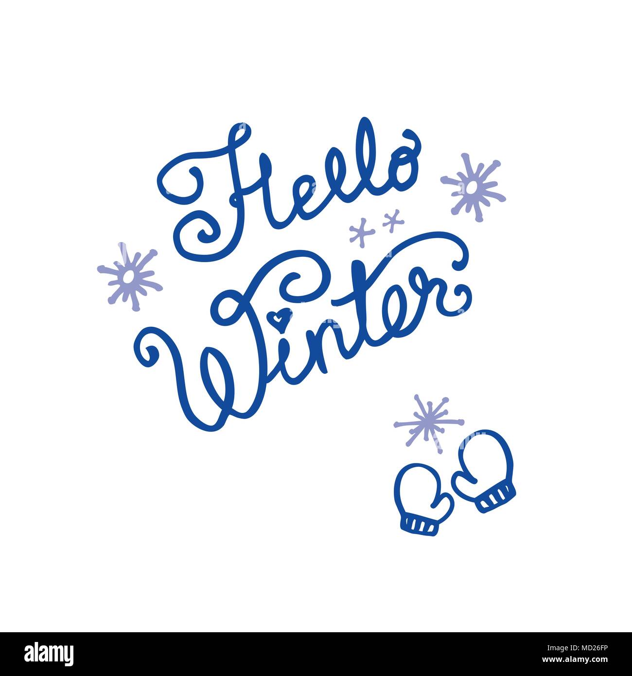 Hello winter text. Card design with custom calligraphy.Brush lettering ...