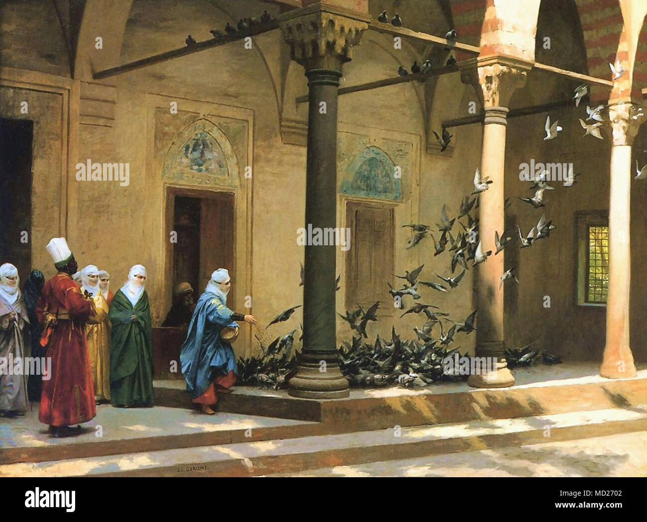 Jean Leon Gerome Harem Women Feeding Pigeons In A Courtyard High ...
