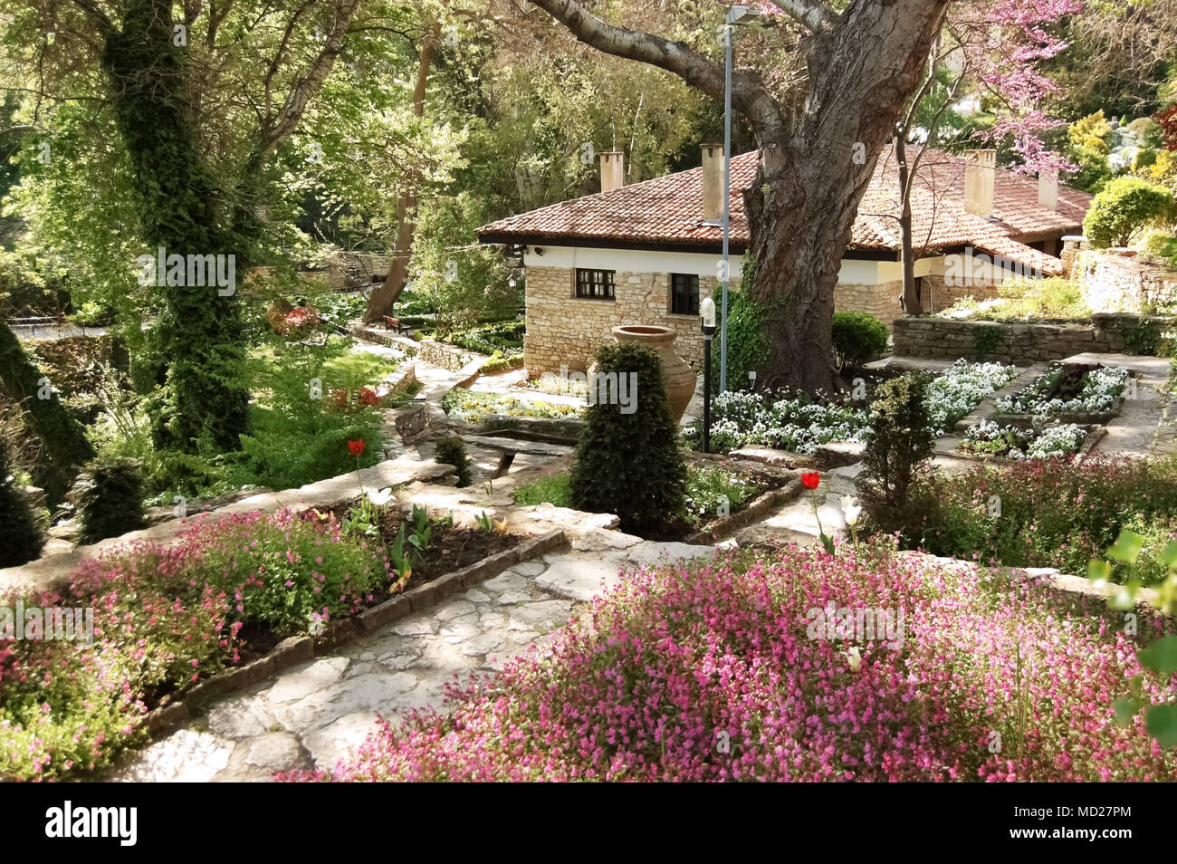 Beautiful view of the spring Botanical Garden in the Bulgarian resort ...