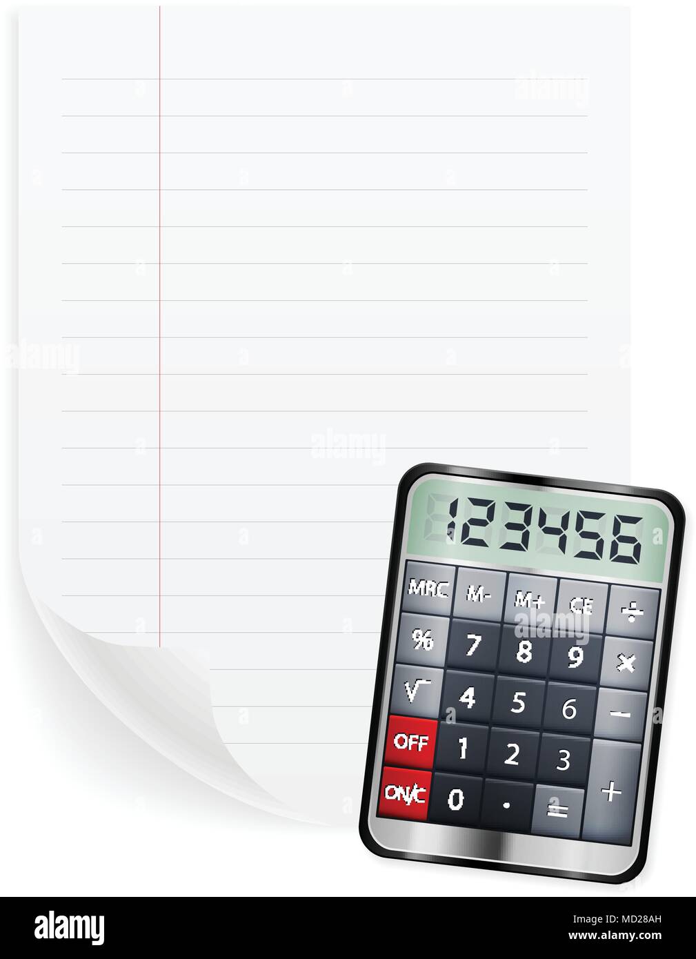 Notebook sheet and calculator ona white background Stock Vector Image ...