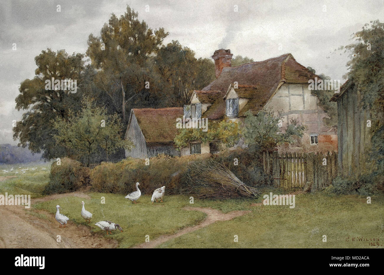 Wilson Charles Edward - Geese Before a Cottage Stock Photo - Alamy