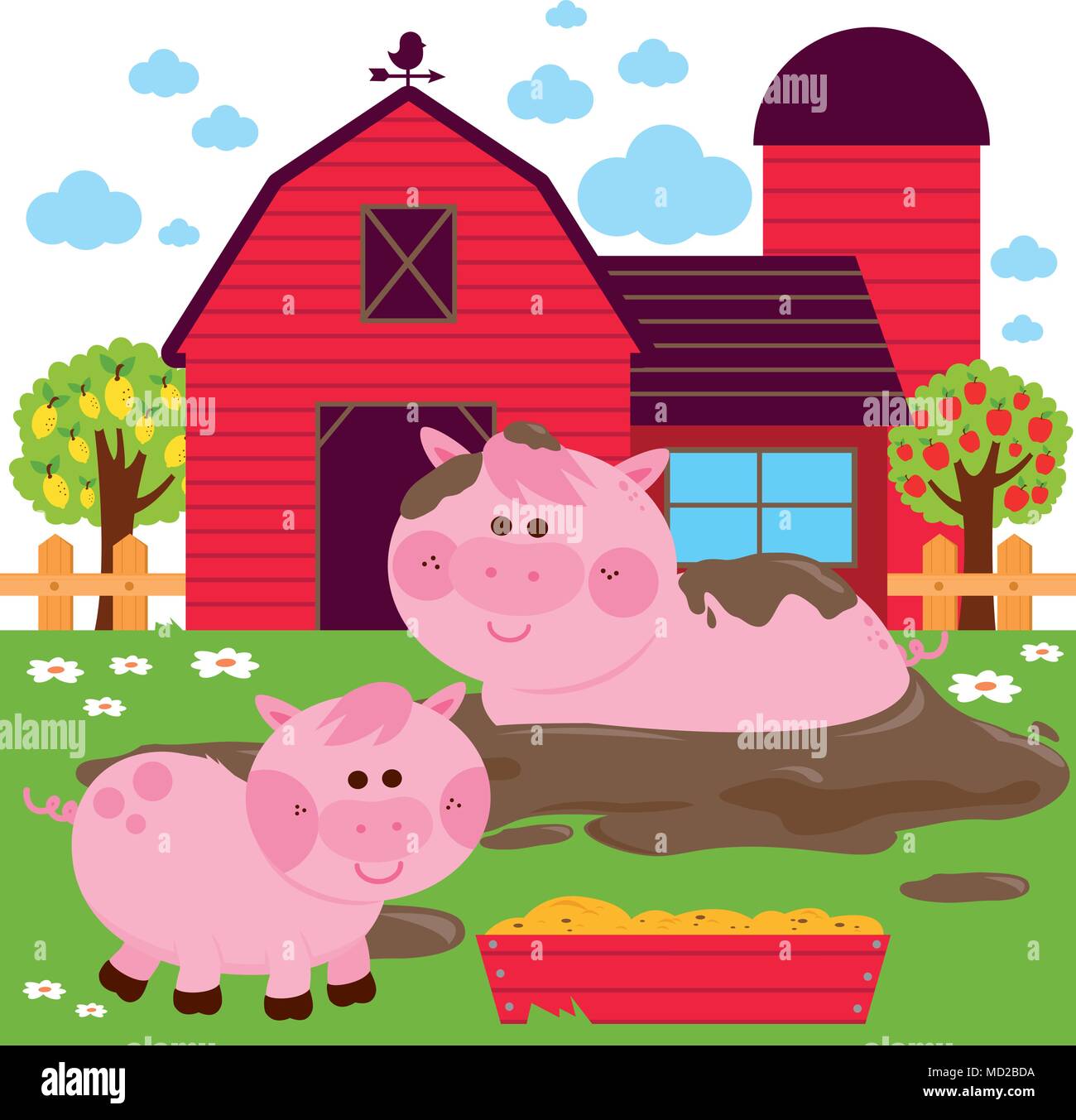 Pigs at the farm pigsty playing in a mud puddle. Cute pig and piglet ...